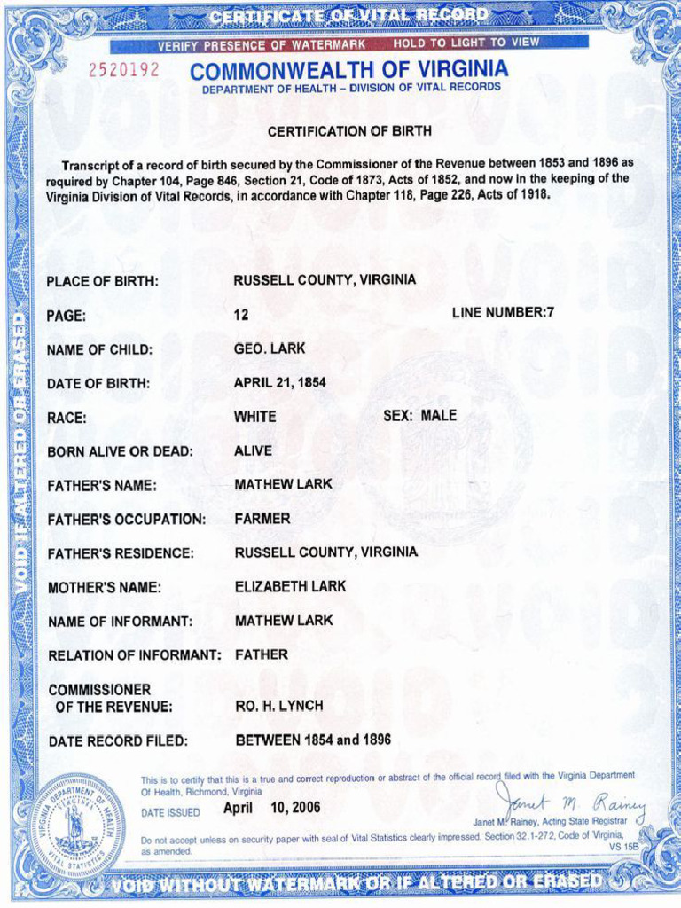 Simple Fillable Birth Certificate of Virginia | PDF