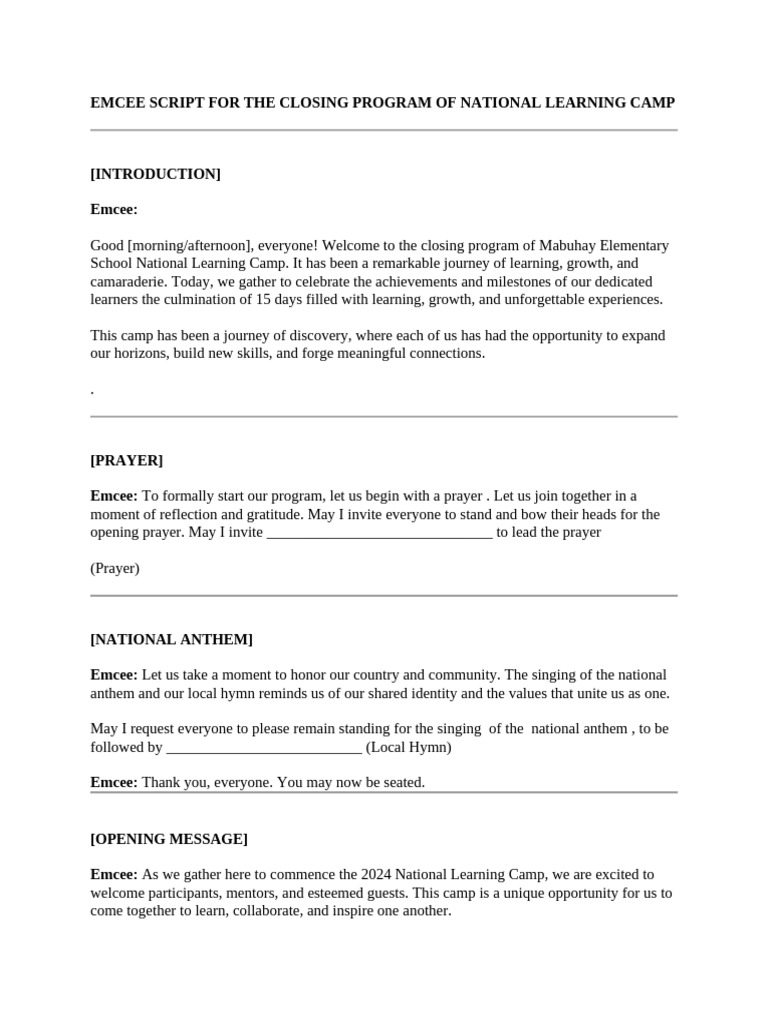 Emcee Script For The Closing Program of National Learning Camp | PDF | Behavior Modification ...