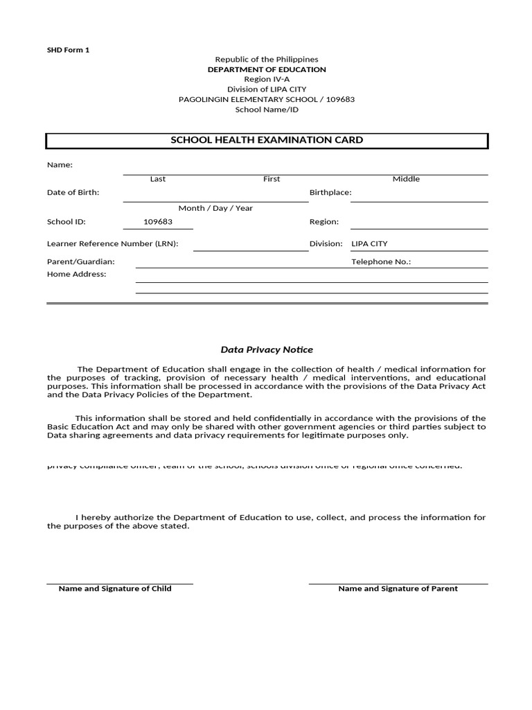 SHD Form 1 Etc Aug 4 | PDF | Periodontology | Information Privacy