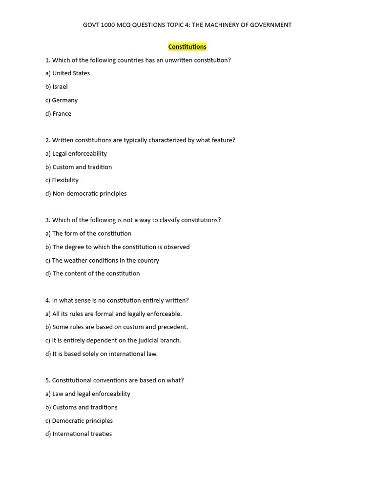 MCQs on Government Machinery and Constitutions | PDF | Constitution ...