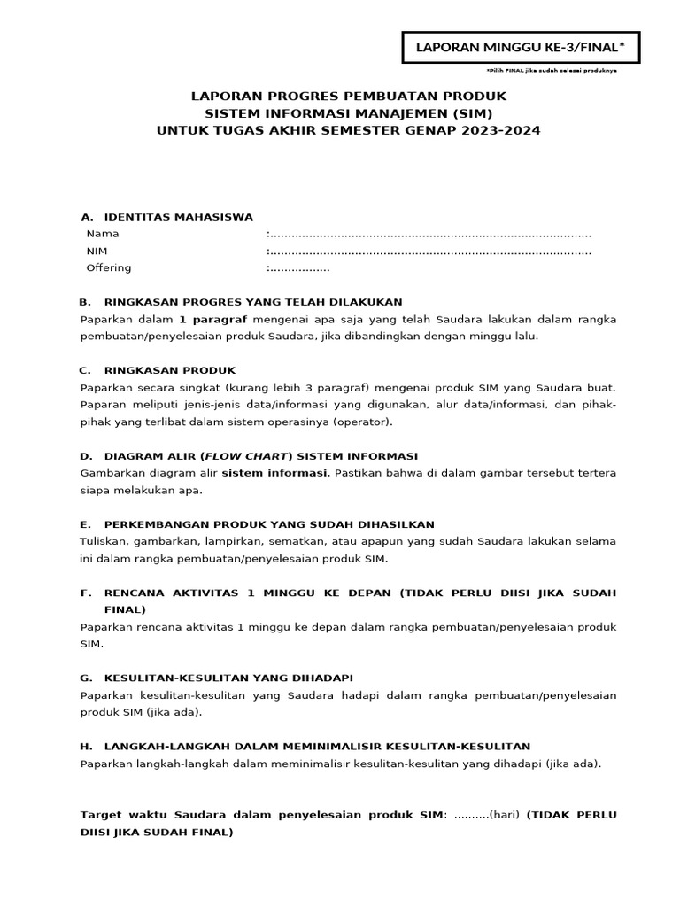 Form Laporan Progres Pembuatan Produk SIM Pekan Ke-3 Atau Final JIKA Sudah Selesai 2 | PDF ...