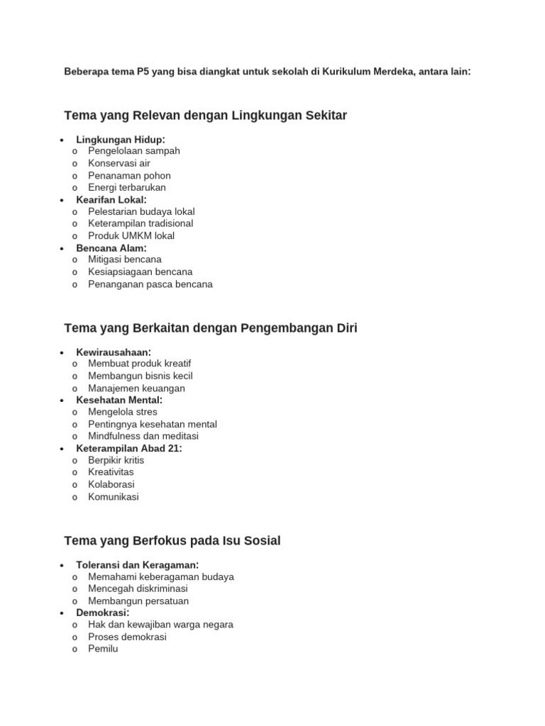 Tema P5 Kurikulum Merdeka untuk Sekolah | PDF