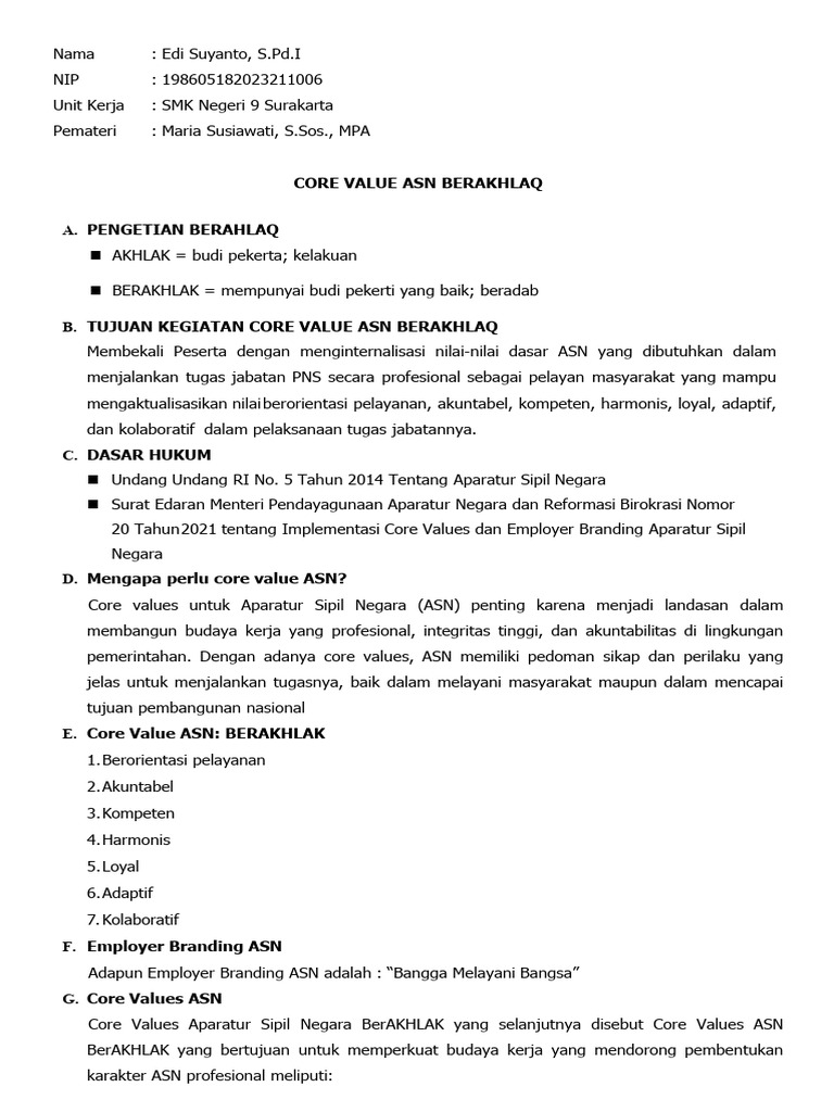 Core Values ASN BerAKHLAK dan Implementasinya | PDF