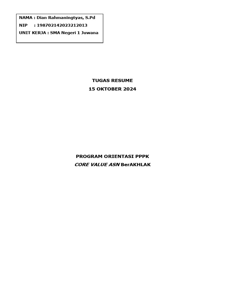 Resume Core Values ASN BerAKHLAK | PDF