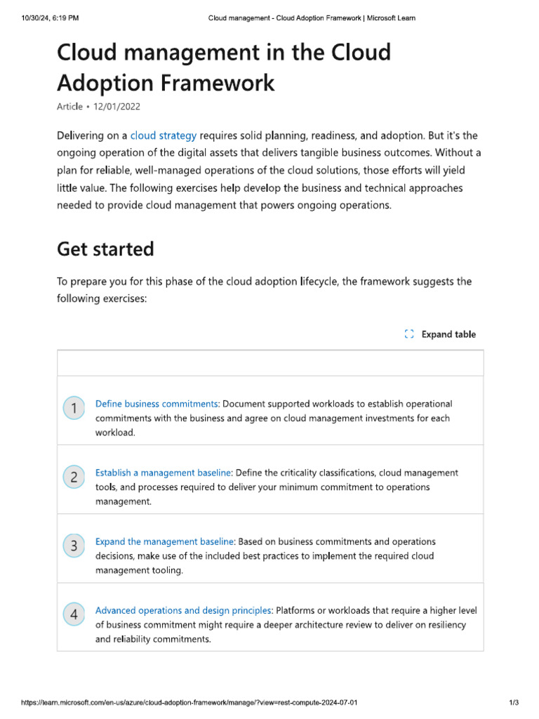 Cloud Management in The Cloud Adoption Framework | PDF