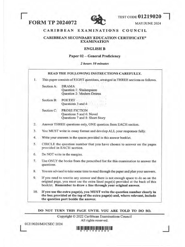 CSEC English B June 2024 P2 | PDF