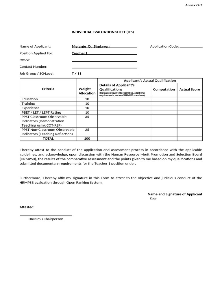 Individual Evaluation Sheet | PDF