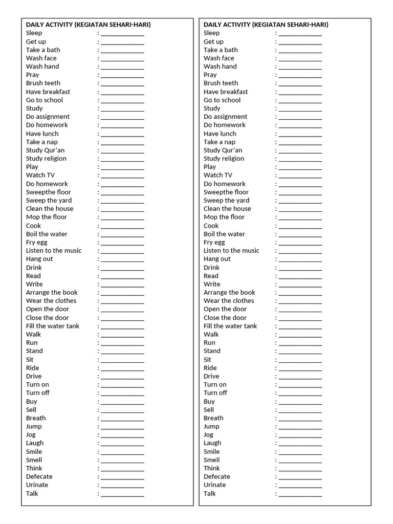 Kartu Kosakata Daily Activity | PDF