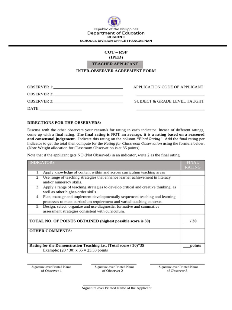 Inter-Observer Agreement Form 2024 | PDF | Curriculum | Educational ...