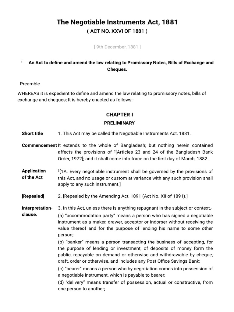 The Negotiable Instruments Act, 1881: (Act No. Xxvi of 1881) | PDF ...