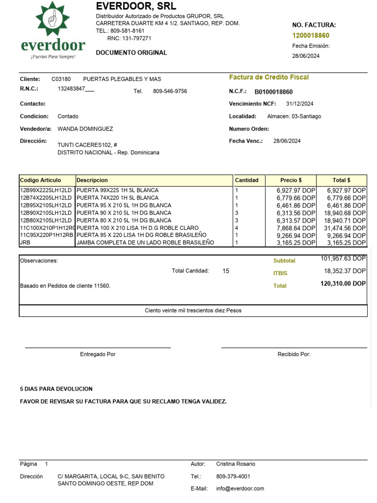 No. Factura:: Subtotal Itbis Total | PDF