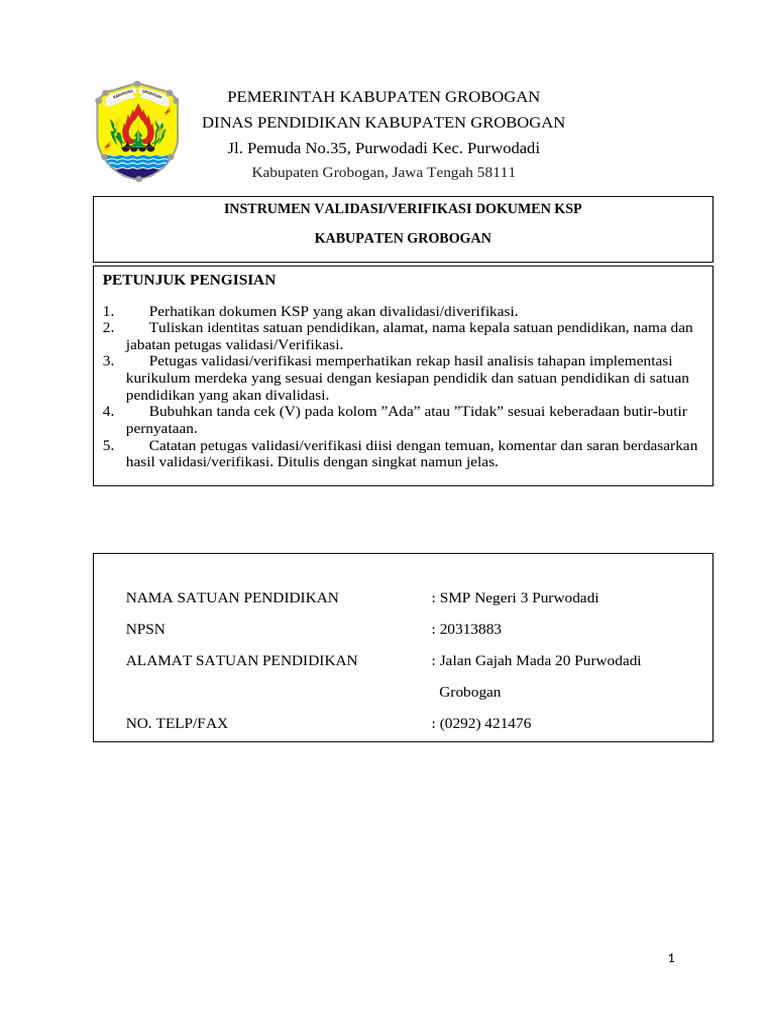 Instrumen Validasi KSP 2024 SMP - Grobogan - 1 | PDF