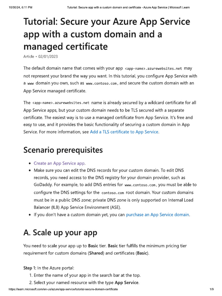 Tutorial Secure Your Azure App Service App With A Custom Domain And A Managed Certificate Pdf 