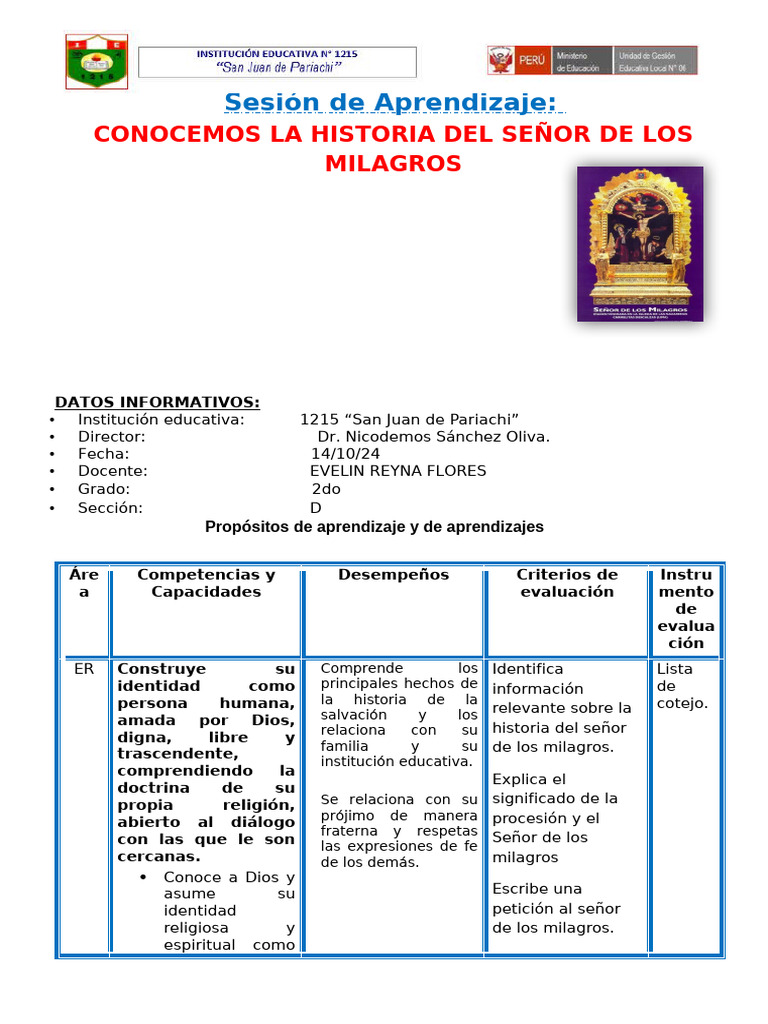SESION RELIGION - Historia Del Señor de Los Milagros | PDF | Evaluación