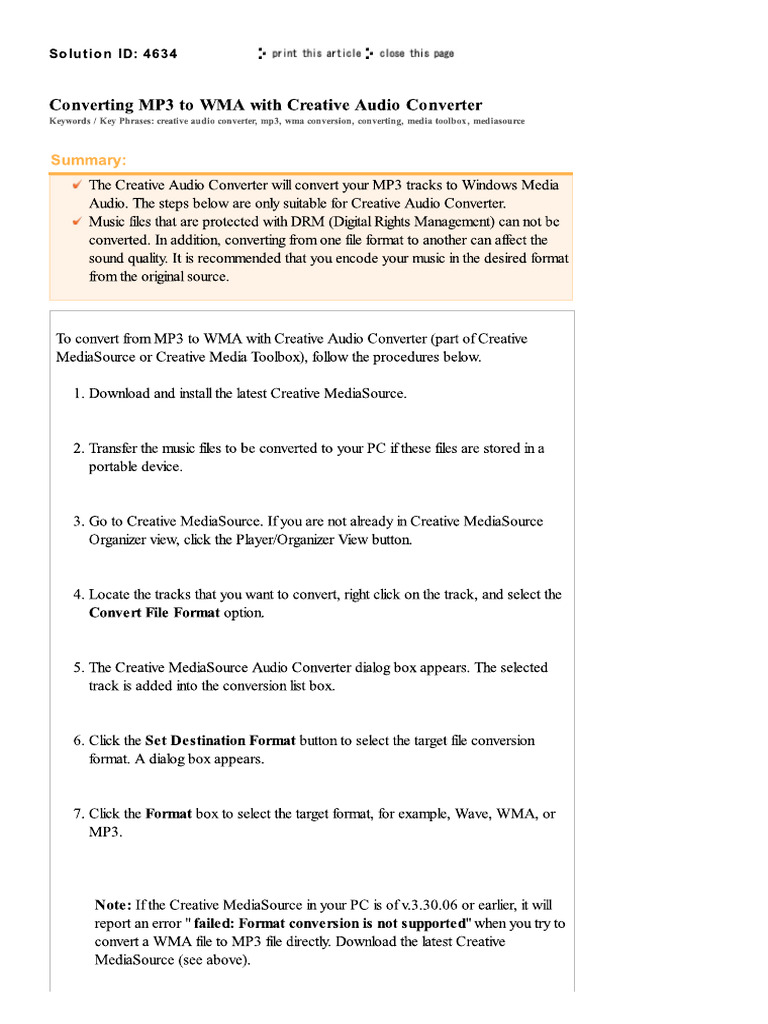 Converting MP3 To WMA With Creative Audio Converter | PDF
