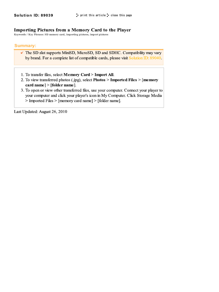 Importing Pictures From A Memory Card To The Player | PDF
