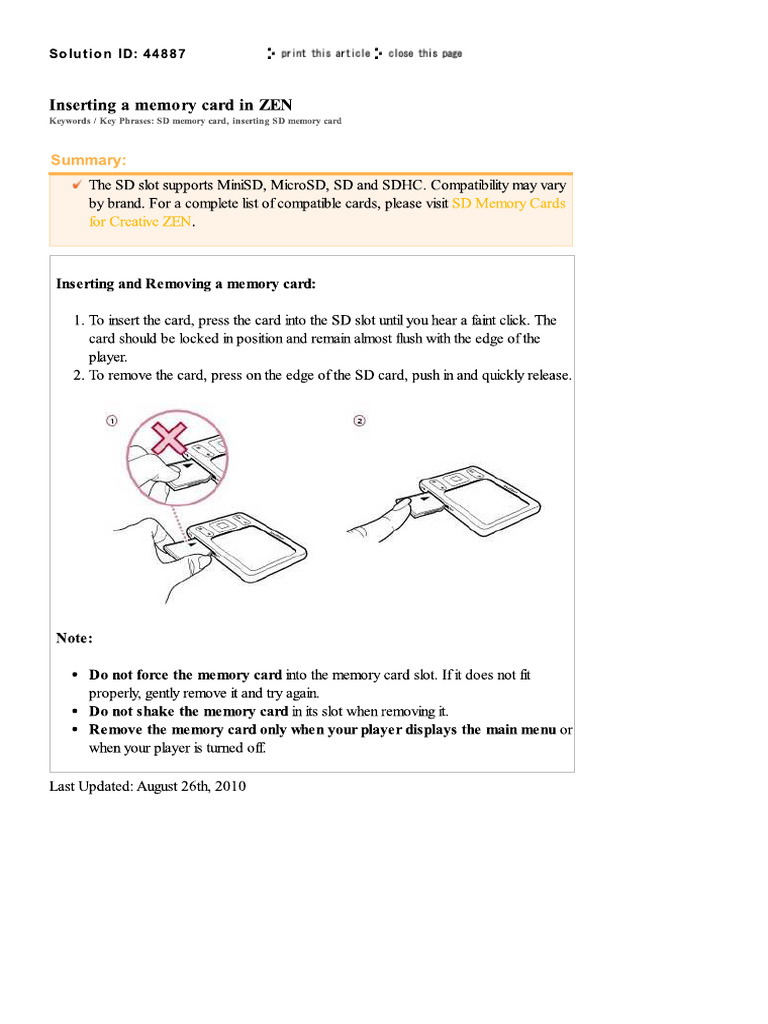 Inserting A Memory Card in ZEN | PDF