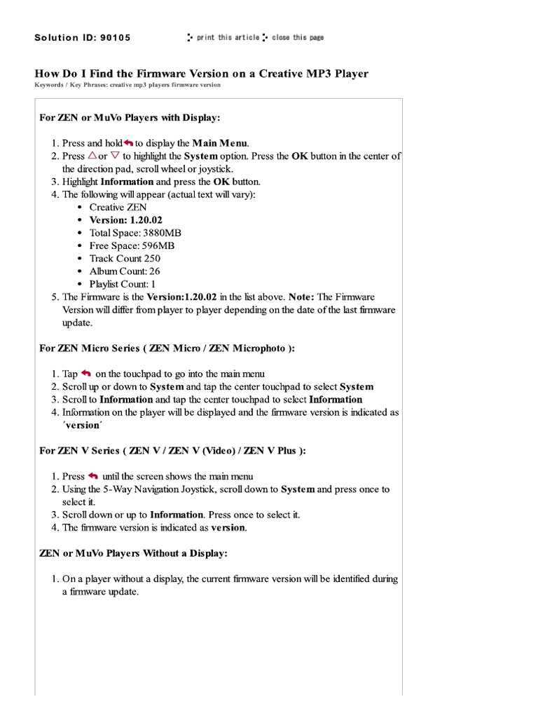 How Do I Find The Firmware Version On A Creative MP3 Player | PDF