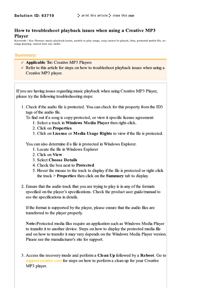 How To Troubleshoot Playback Issues When Using A Creative MP3 Player | PDF