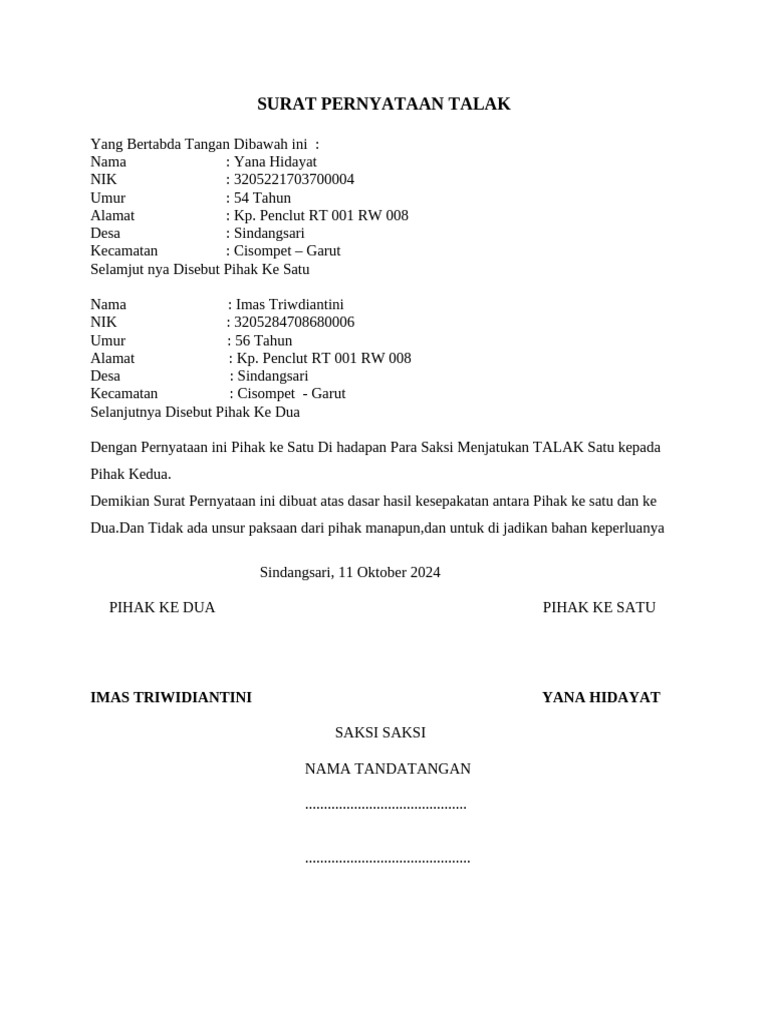 Surat Pernyataan Talak | PDF
