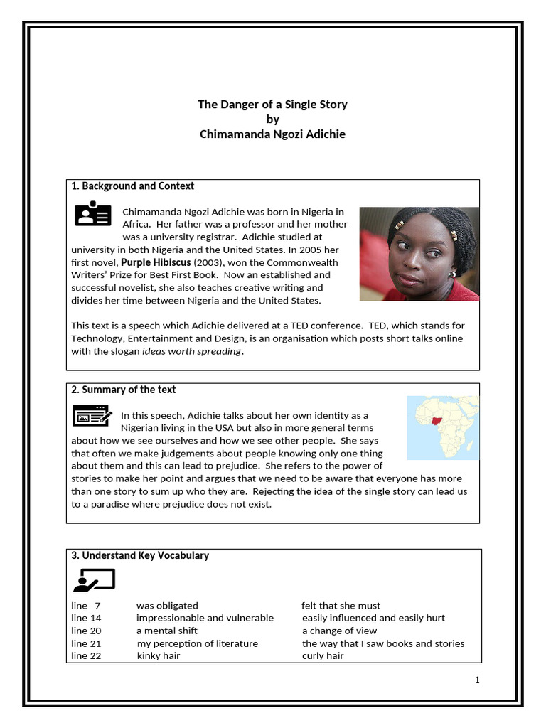 The Danger of A Single Story Guide | PDF | Human Communication