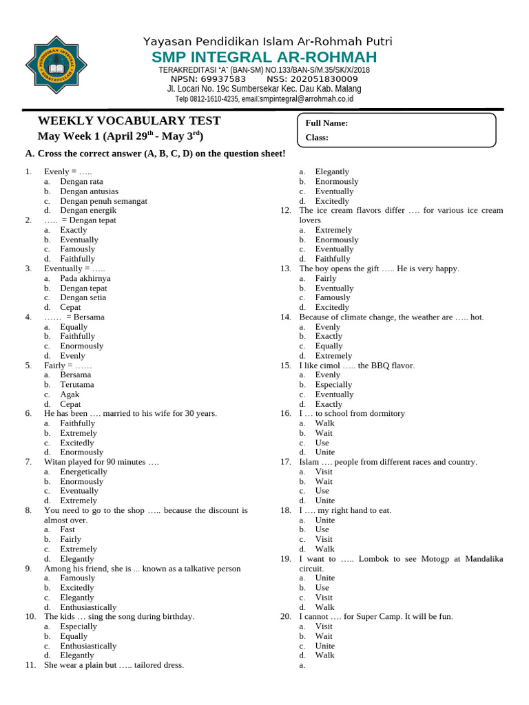 Weekly Vocabulary Test - May Week 1 | PDF