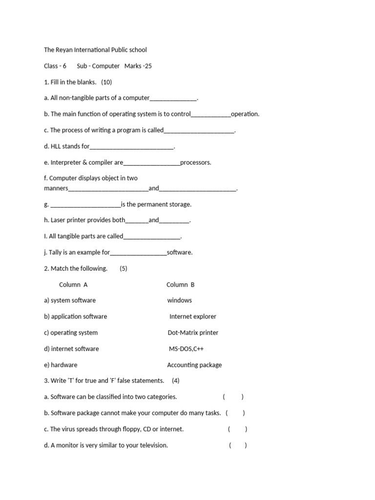 Class 6 Computer Exam Questions | PDF