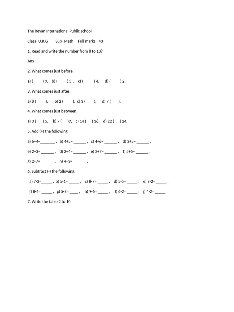 Class - L.K.G Math | PDF