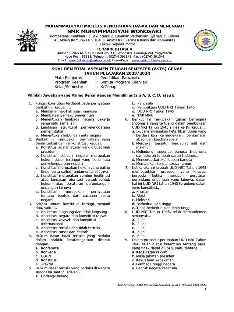 SOAL REMEDIAL PPKN KELAS X | PDF