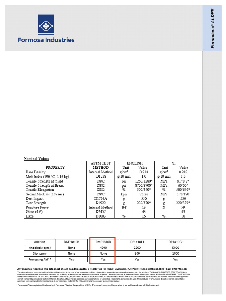 Ficha Tecnica Polietileno Metaloceno Formolene Dmp1810d (If 1.0) | PDF | Polyethylene | Physical ...