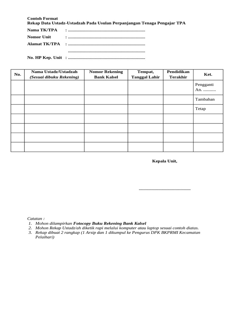Contoh Format Rekap Usulan Perpanjangan TP 2024 | PDF