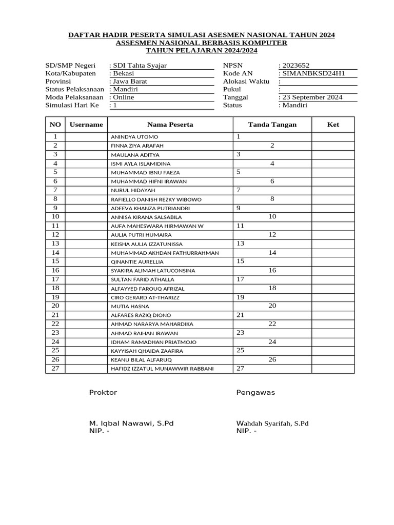 Daftar Hadir Peserta Simulasi ANBK 2024 | PDF Daftar Hadir Peserta Simulasi ANBK 2024 | PDF