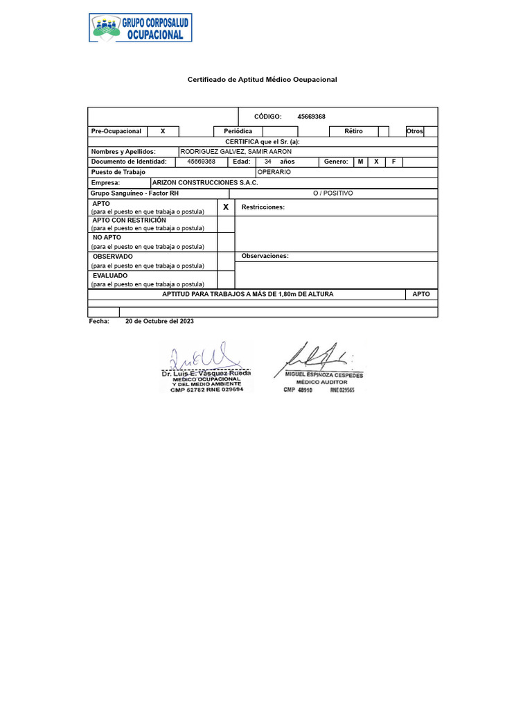 Certificado Médico Ocupacional de Samir Rodríguez | PDF | Sangre ...