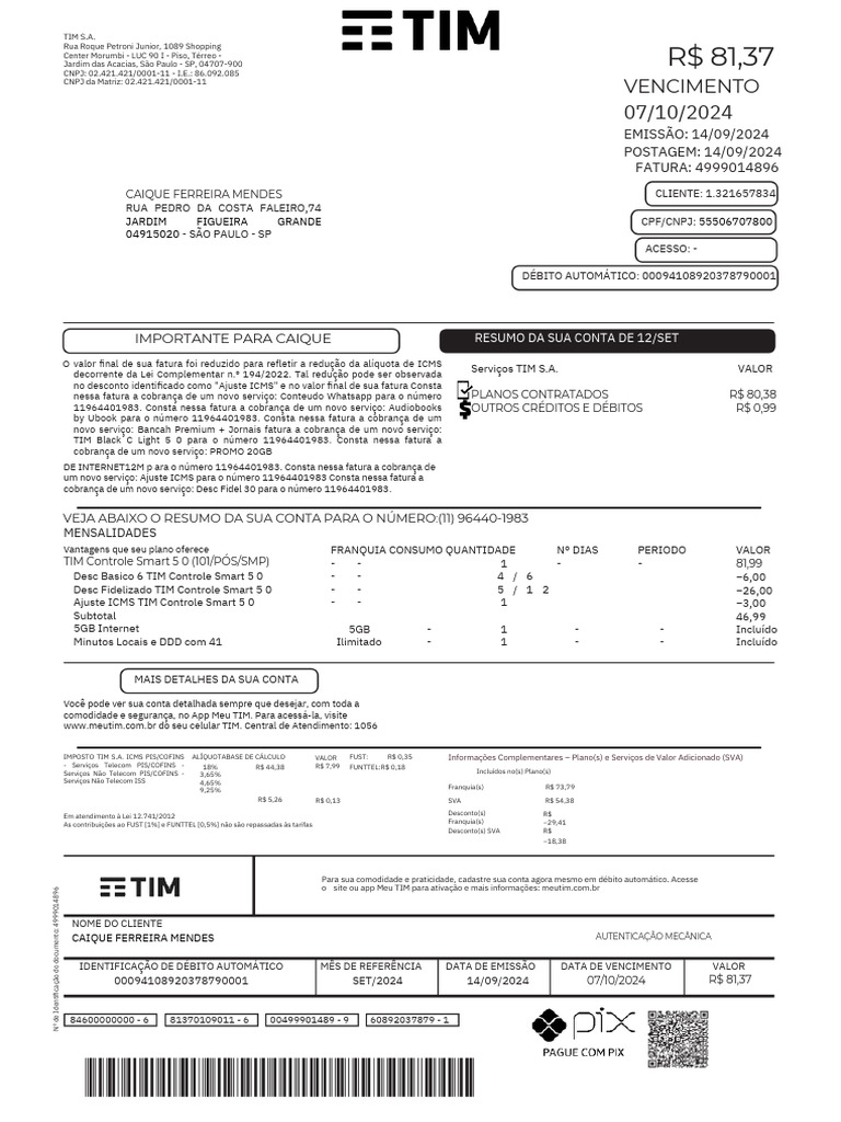 Fatura TIM Controle Smart: Detalhes e Descontos | PDF