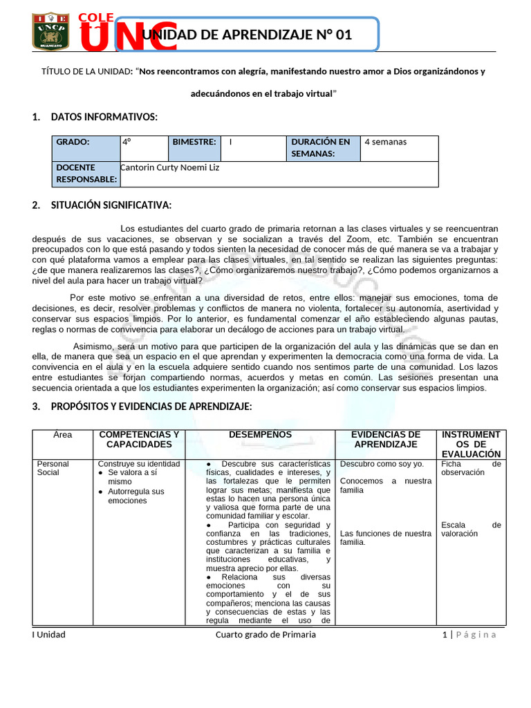 Unidad 1 Cuarto Grado | PDF | Aprendizaje | Evaluación