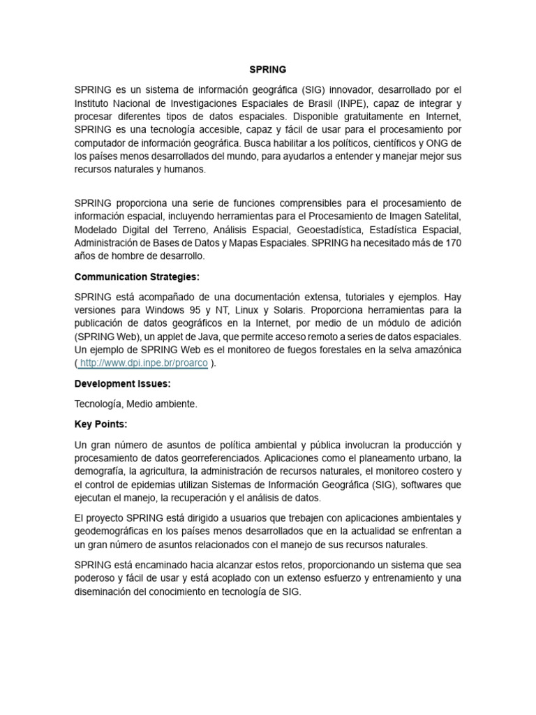 SPRING: SIG Innovador del INPE | PDF | Sistema de información ...