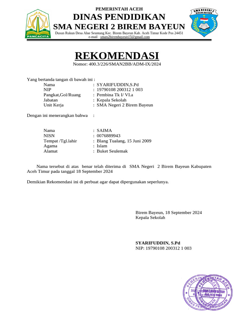 Rekom Siswa Diterima | PDF