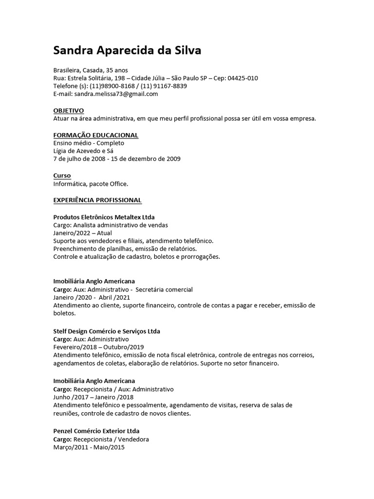 Sandra CV Atualizado | PDF | Carreira e Crescimento