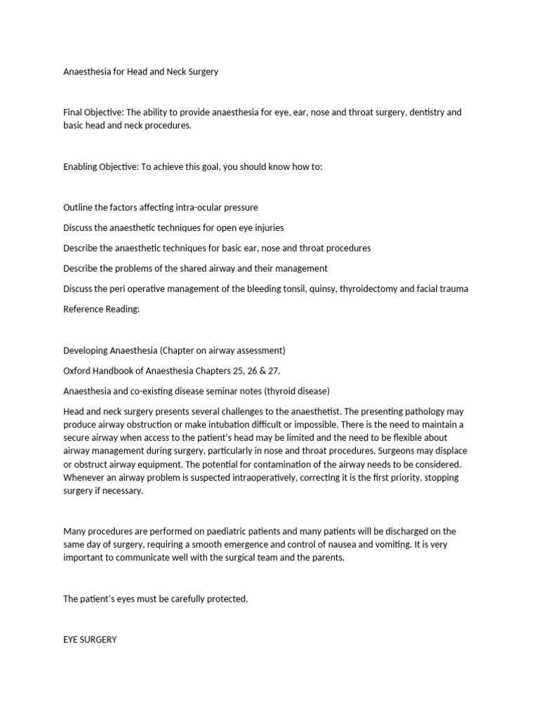 Anaesthesia Techniques for Head and Neck Surgery | PDF | Anesthesia ...