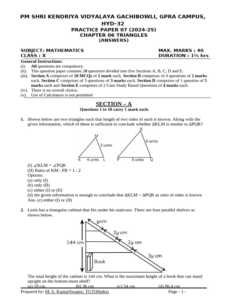Maths Class X Chapter 06 Triangles Practice Paper 07 2024 Answers | PDF | Triangle | Euclidean ...