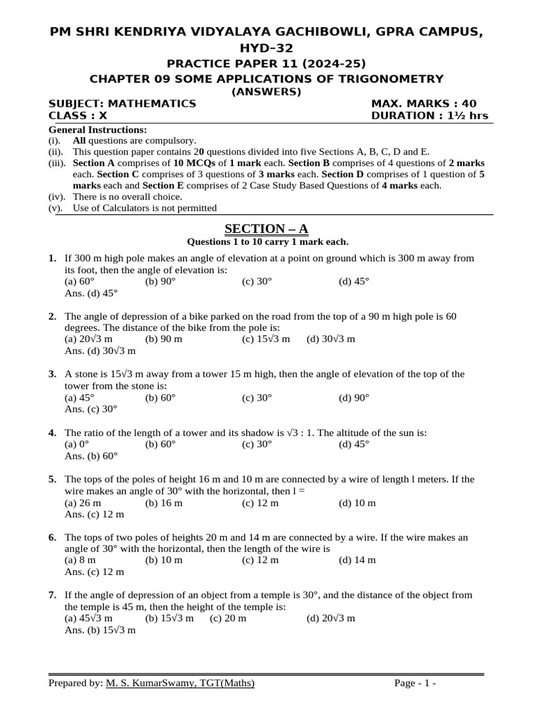 Trigonometry Practice Paper for Class X | PDF | Shadow | Angle