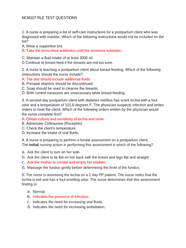 NCM107 Rle Test Questions | PDF | Breastfeeding | Medical Specialties
