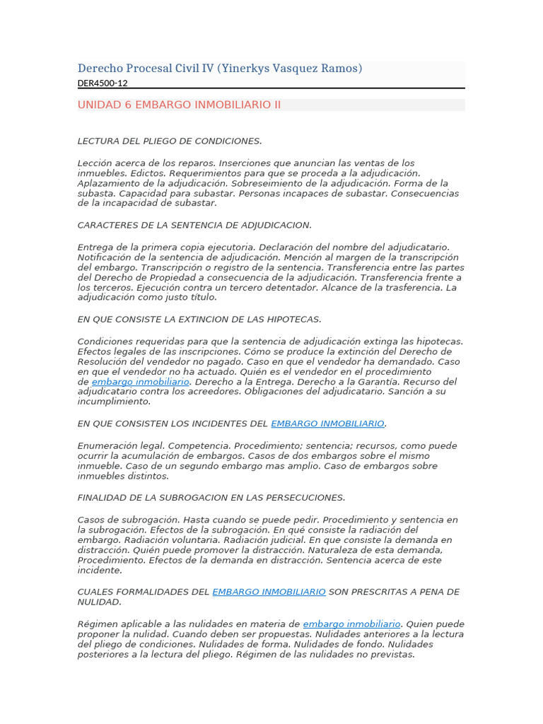 TAREA 6 Derecho Procesal Civil IV | PDF | Ley de hipotecas | Subasta