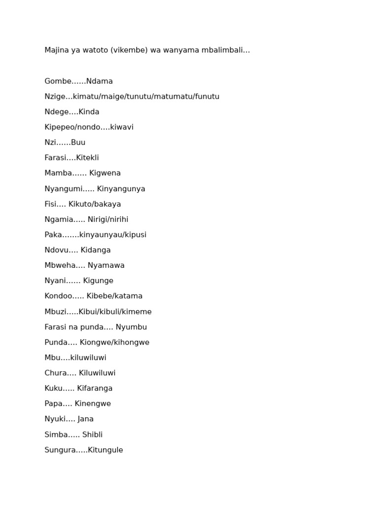 Majina Ya Watoto Wa Wanyama | PDF