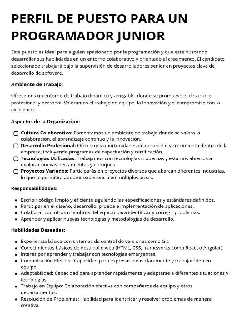 Perfil de Puesto para Un Programador Junior | PDF | Aprendizaje ...