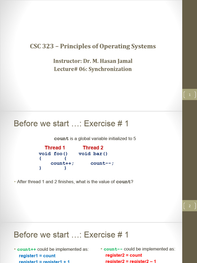 Lecture 6 Synchronization Pdf Thread Computing Computer Engineering 1055