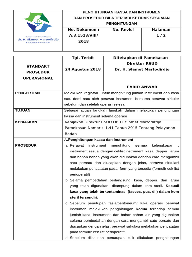 SPO Penghitungan Kassa Dan Instrument | PDF | Kesehatan Holistik