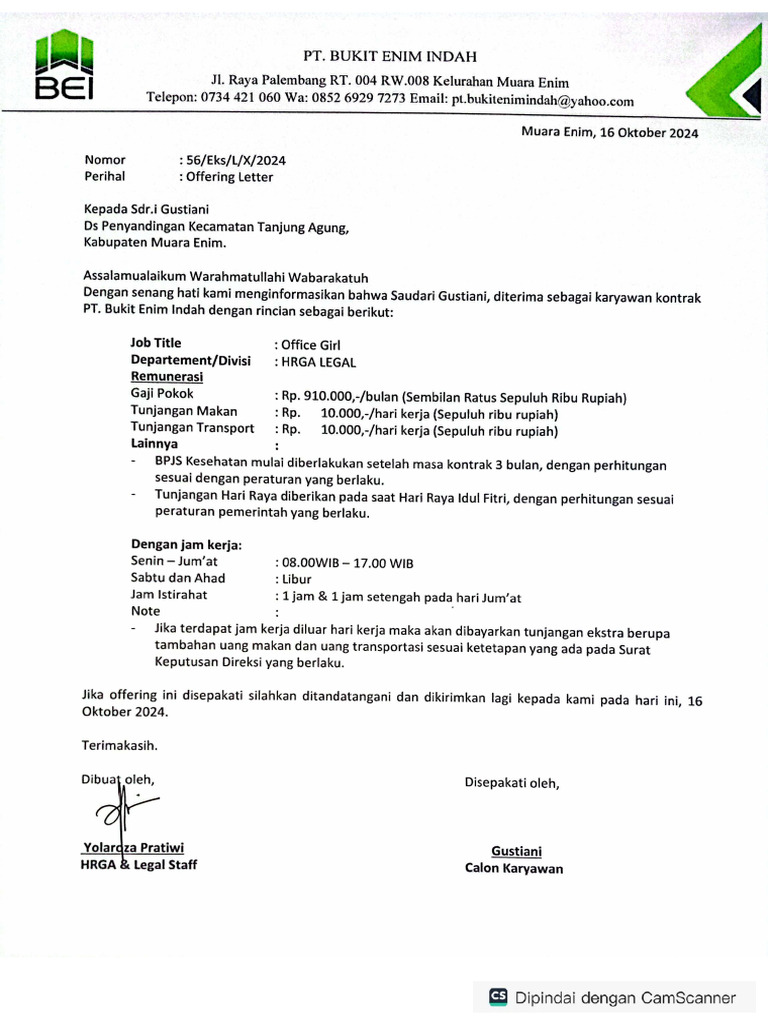 Offering Letter - Gustiani | PDF
