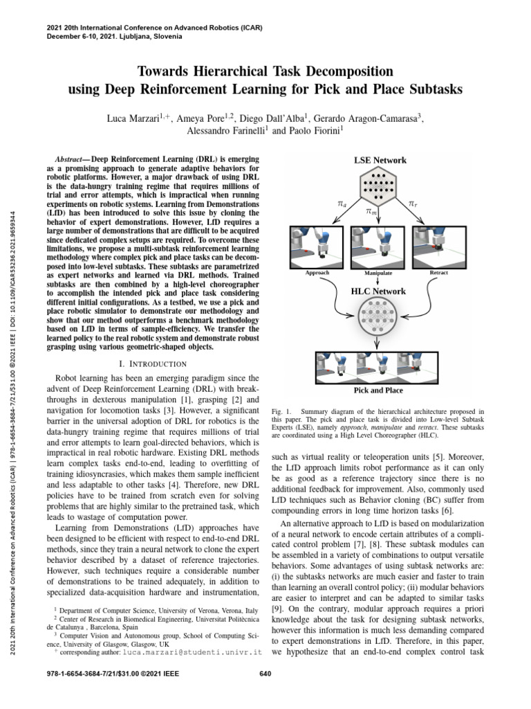 Towards Hierarchical Task Decomposition Using Deep Reinforcement Learning For Pick and Place ...