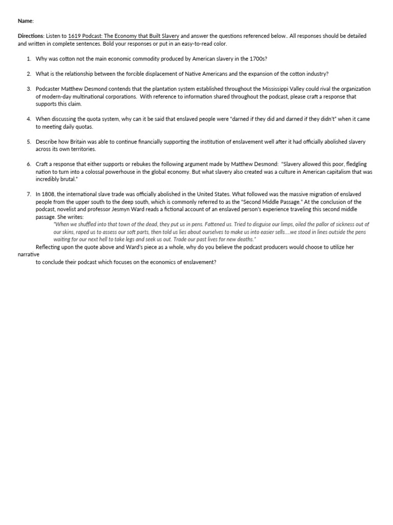 1619 Podcast - The Economy That Built Slavery | PDF | Slavery In The ...